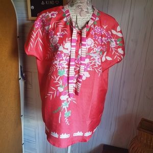miss look | Tops | Miss Look Coral Floral Tie Neck Blouse Lg | Poshmark